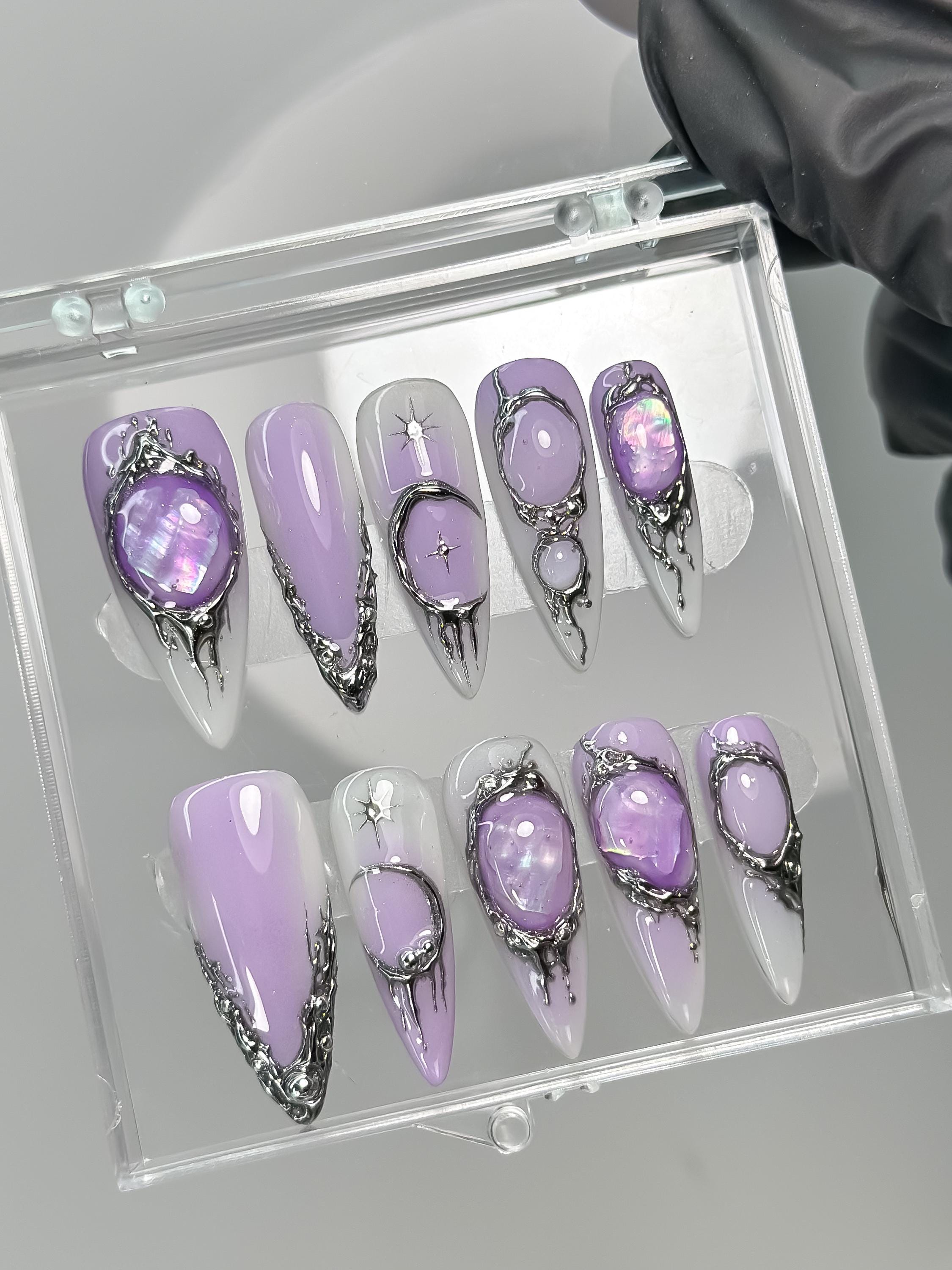 Gothic Purple Press on Nails, Dark Glam Fake Nails, Silver and Purple ...