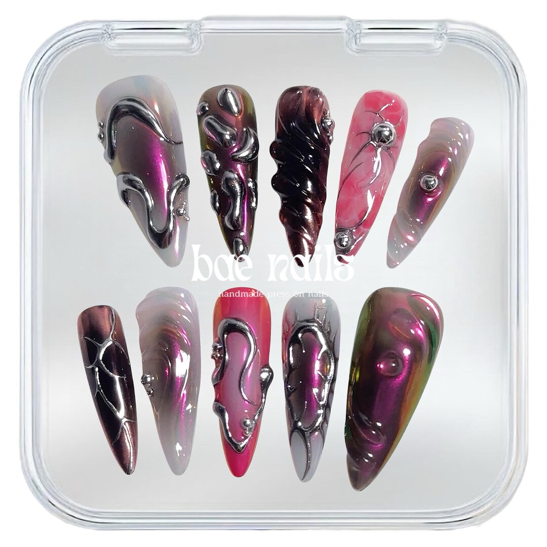 Cyber Chrome 3D Press-on Nails | Futuristic Metallic Nail Set, Y2K ...