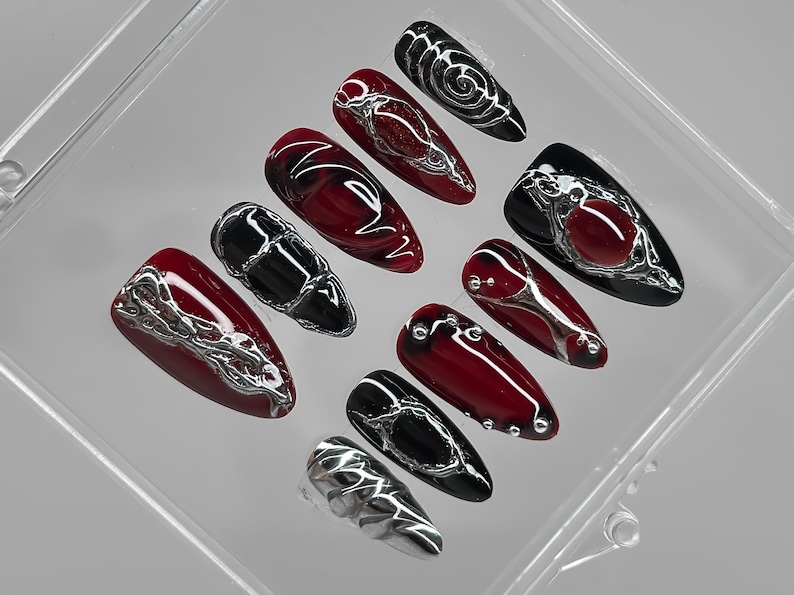Gothic Black Red Chrome Press on Nails, Metallic 3D Gel False Nails ...