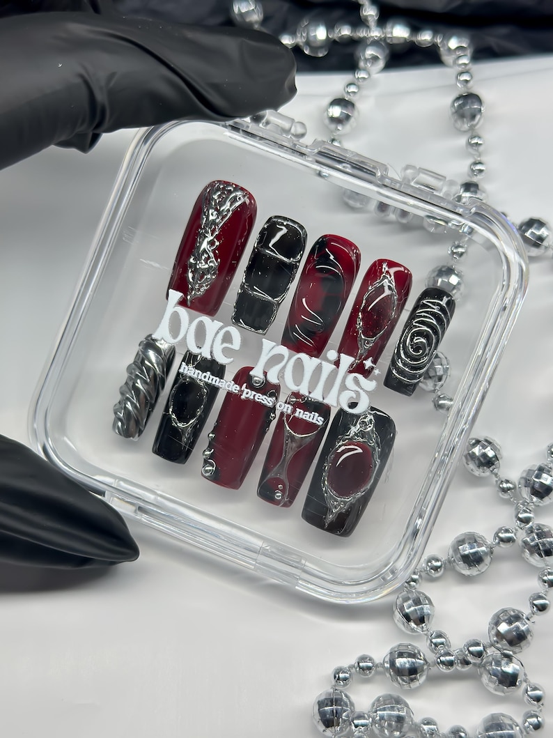 Gothic Black Red Chrome Press on Nails, Metallic 3D Gel False Nails ...