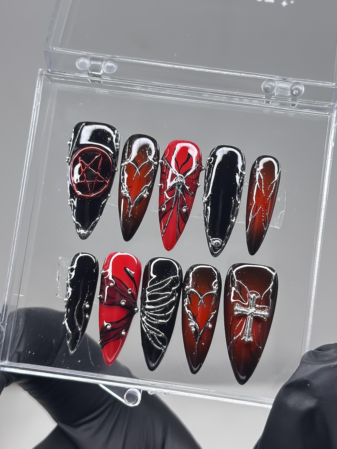 Gothic Black Red Chrome Press on Nails, Metallic 3D Gel False Nails ...