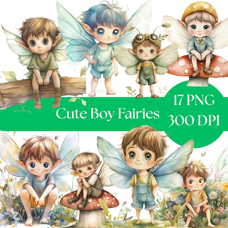Boy Fairy Clip Art, Whimsical Watercolor Illustrations, Digital ...