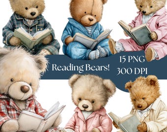 Cozy Reading Bear Clipart: Bookworm PNG Stickers (digital Download ...