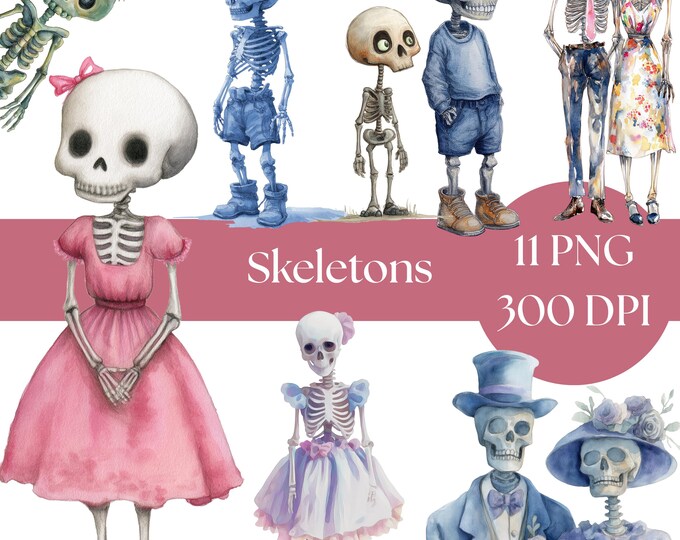 Party Skeletons Clipart, Watercolor Halloween Clipart, Spooky Clipart ...