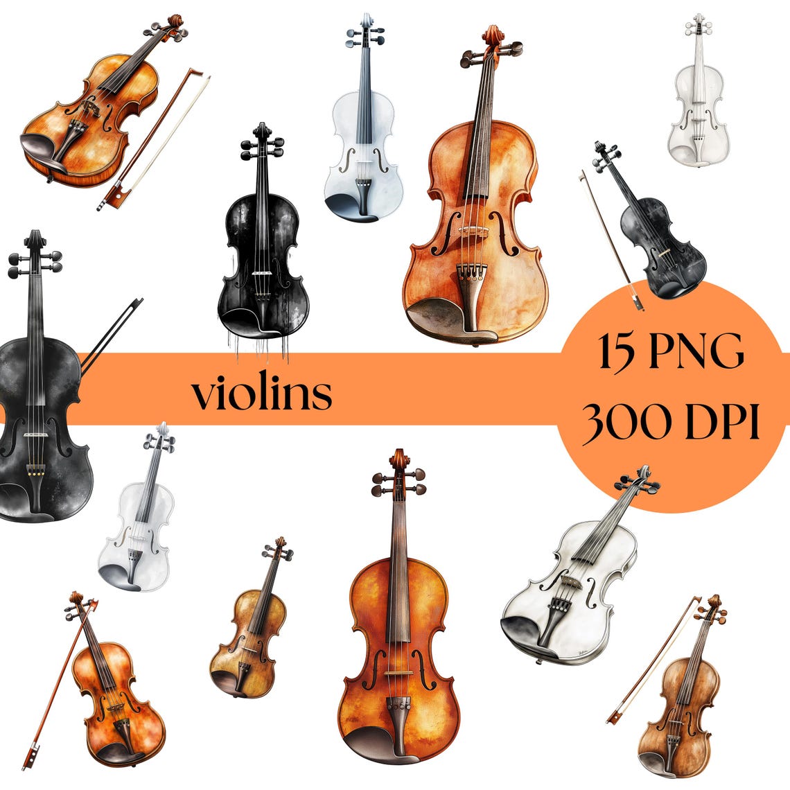 Violin Watercolor Clipart, Digital Download for Scrapbooking and Junk ...