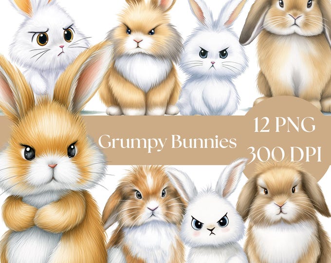 Grumpy Bunny Watercolor Clipart: Pastel Easter Cartoon Face (digital ...