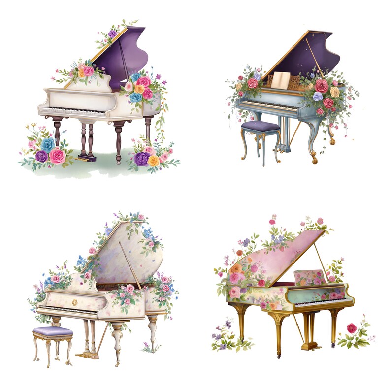 Floral Piano Clipart, Digital Download of Watercolor PNG/JPG, Perfect ...