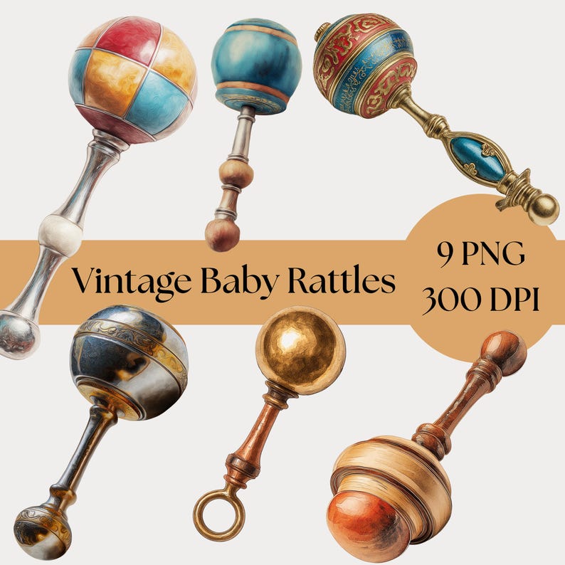 Vintage Baby Rattle Clipart, Cute Digital Nursery Art, Baby Shower ...