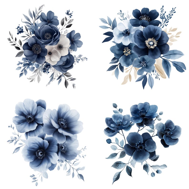 Navy Floral Clipart - Watercolor Bouquets, Wedding Graphics, Digital ...