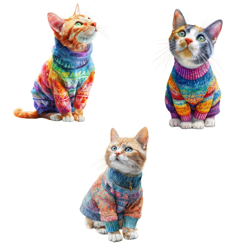 Cats in Sweaters Clipart: Kawaii Kitten PNG Graphics (digital Download ...