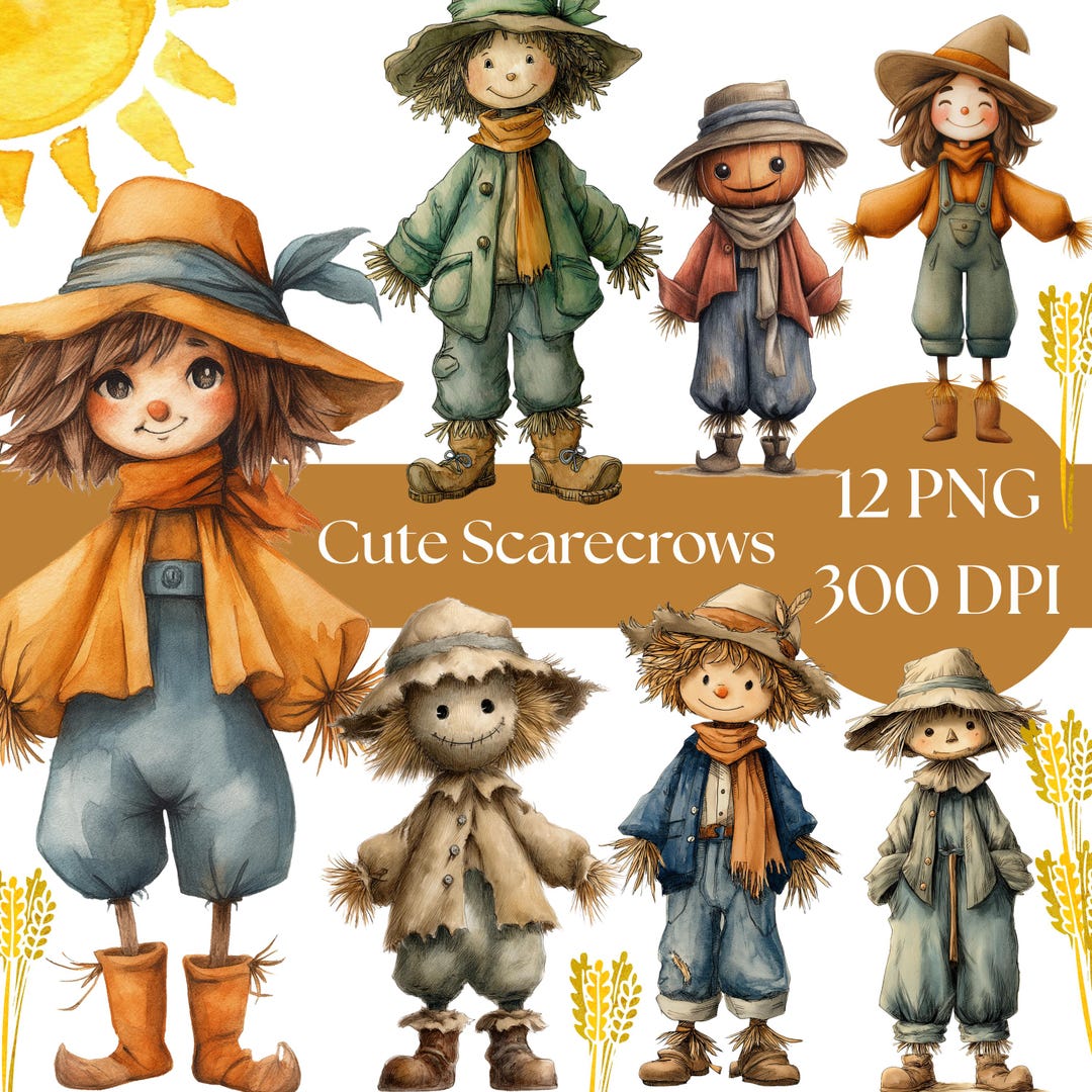 Scarecrow Clipart - Watercolor Fall PNG, Cute Autumn Graphics, Digital ...