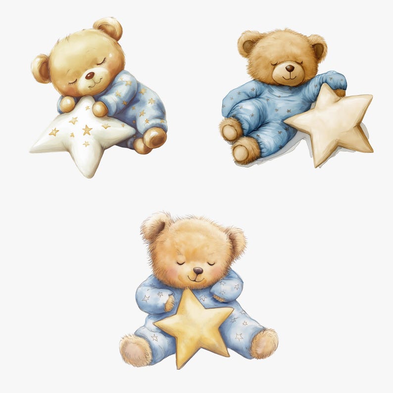 Cute Blue Teddy Bear Clip Art, Watercolor PNG, Baby Shower Digital Download, Adorable Bear ...