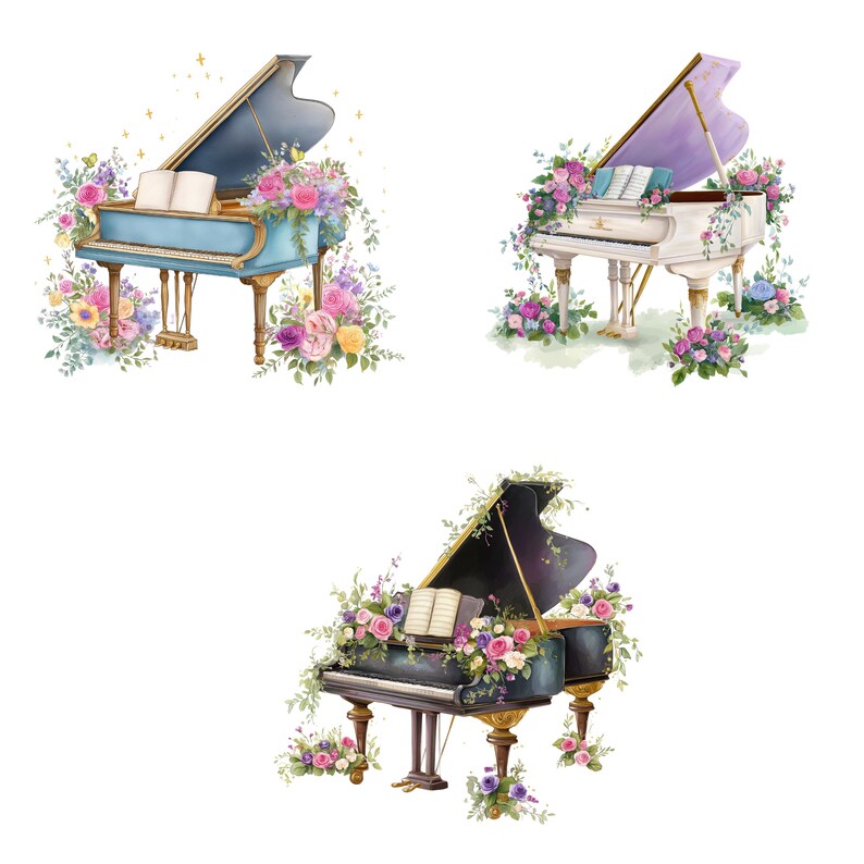 Floral Piano Clipart, Digital Download of Watercolor PNG/JPG, Perfect ...