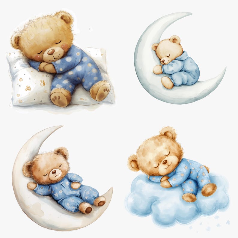 Cute Blue Teddy Bear Clip Art, Watercolor PNG, Baby Shower Digital Download, Adorable Bear ...