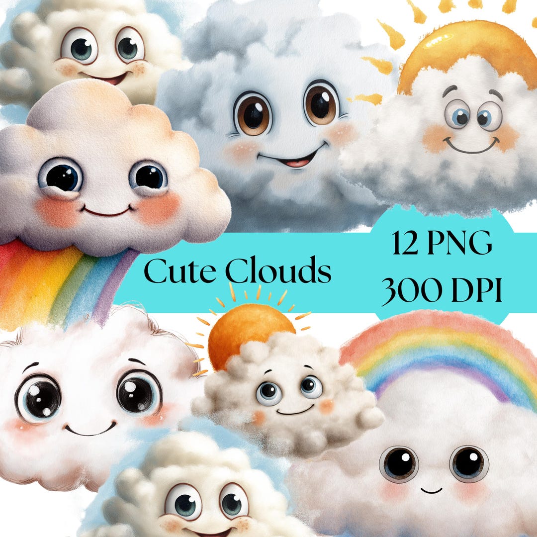 Kawaii Cloud Clipart: Watercolor Weather PNG (digital Download ...