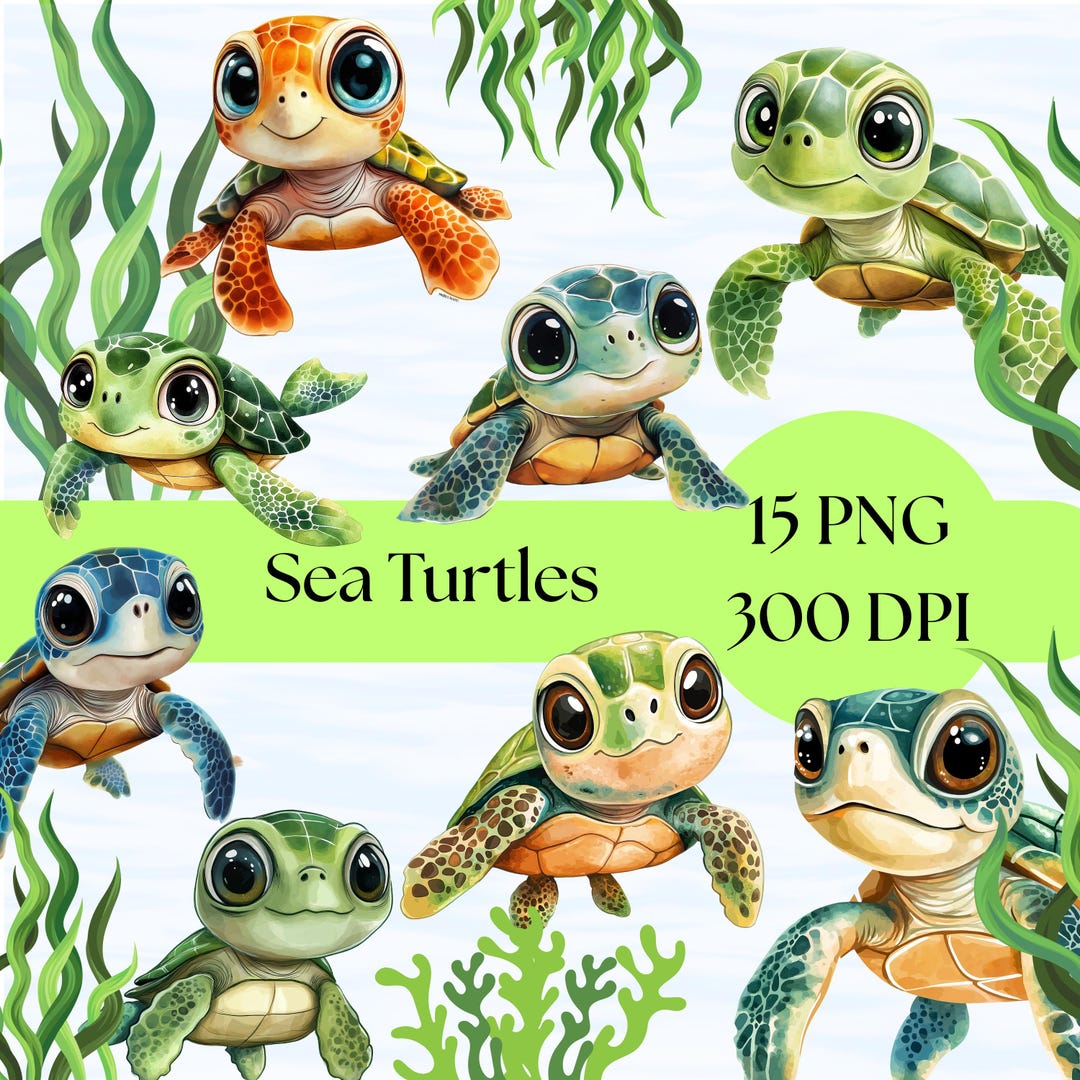 Cute Sea Turtles Clipart, Ocean Animals PNG, Digital Download for Kids ...