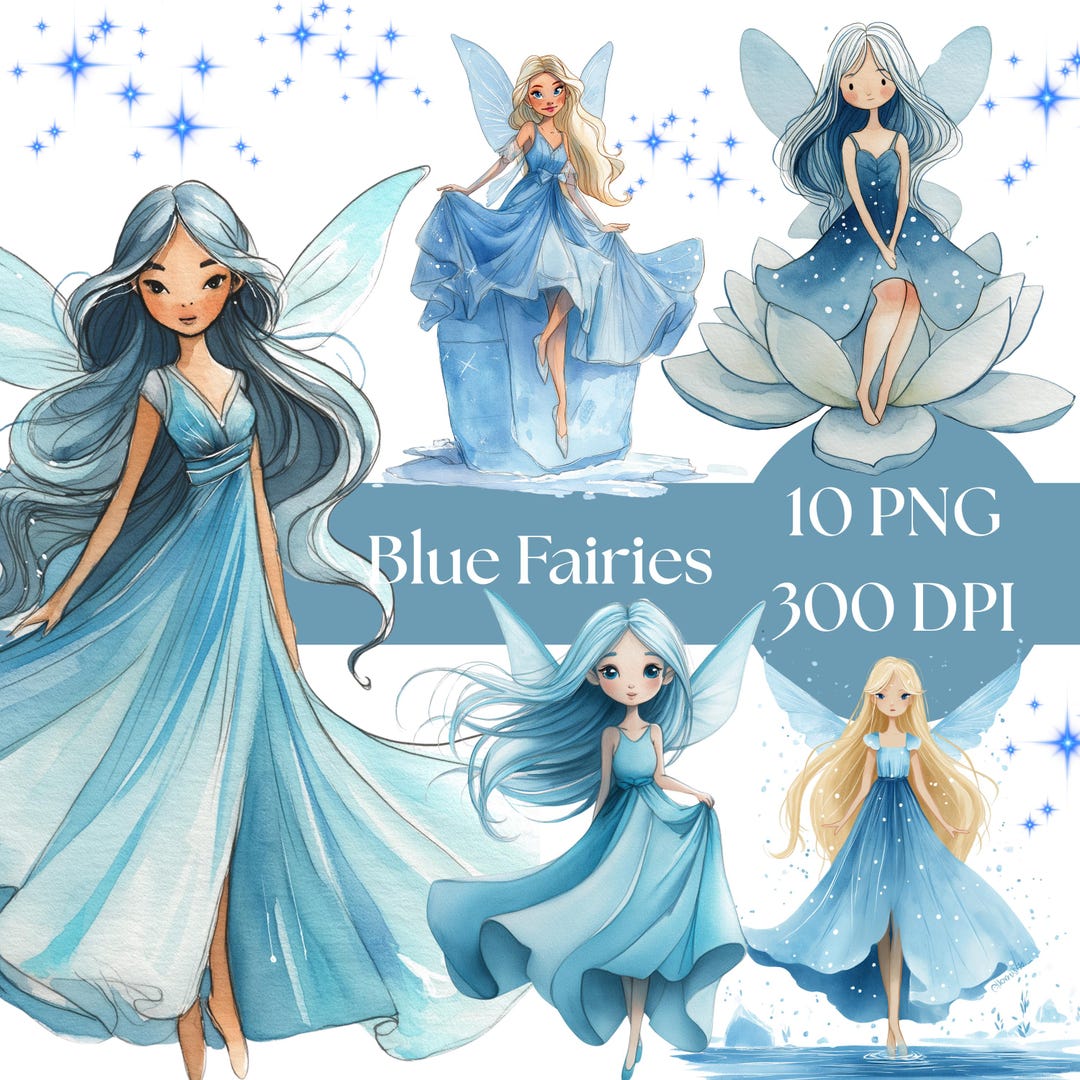 Blue Fairy Watercolor Clipart: Enchanted Nursery Art (digital Download ...