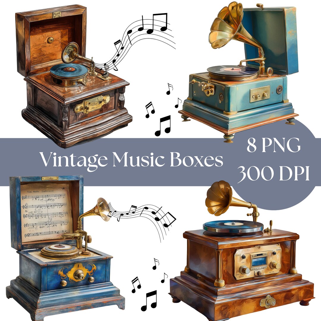 Vintage Music Box Clipart, Retro Music Graphics, Digital Download PNG ...