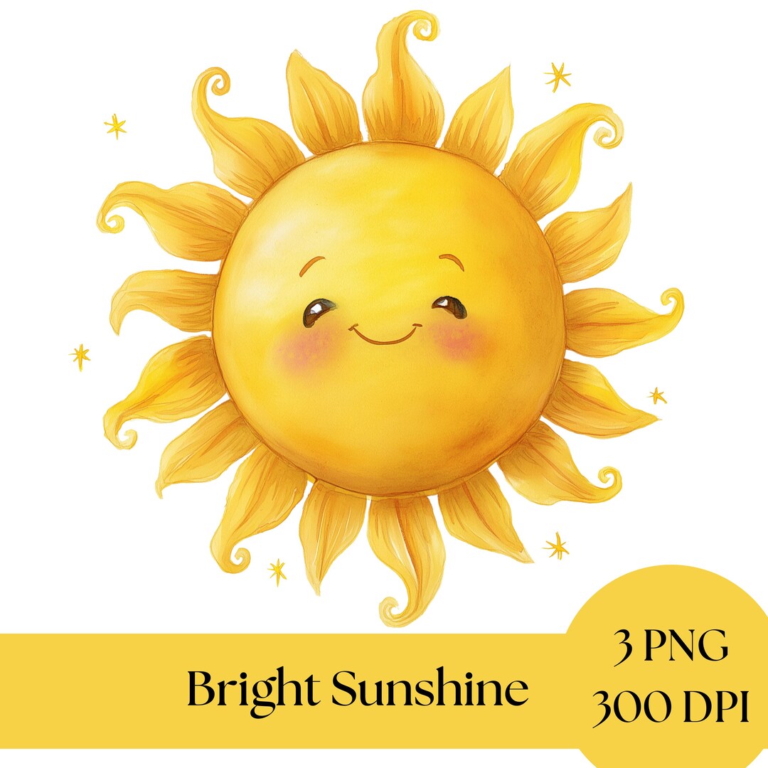 Cute Sunshine Clipart, Watercolor Sun PNG, Happy Smiling Sun, Digital ...