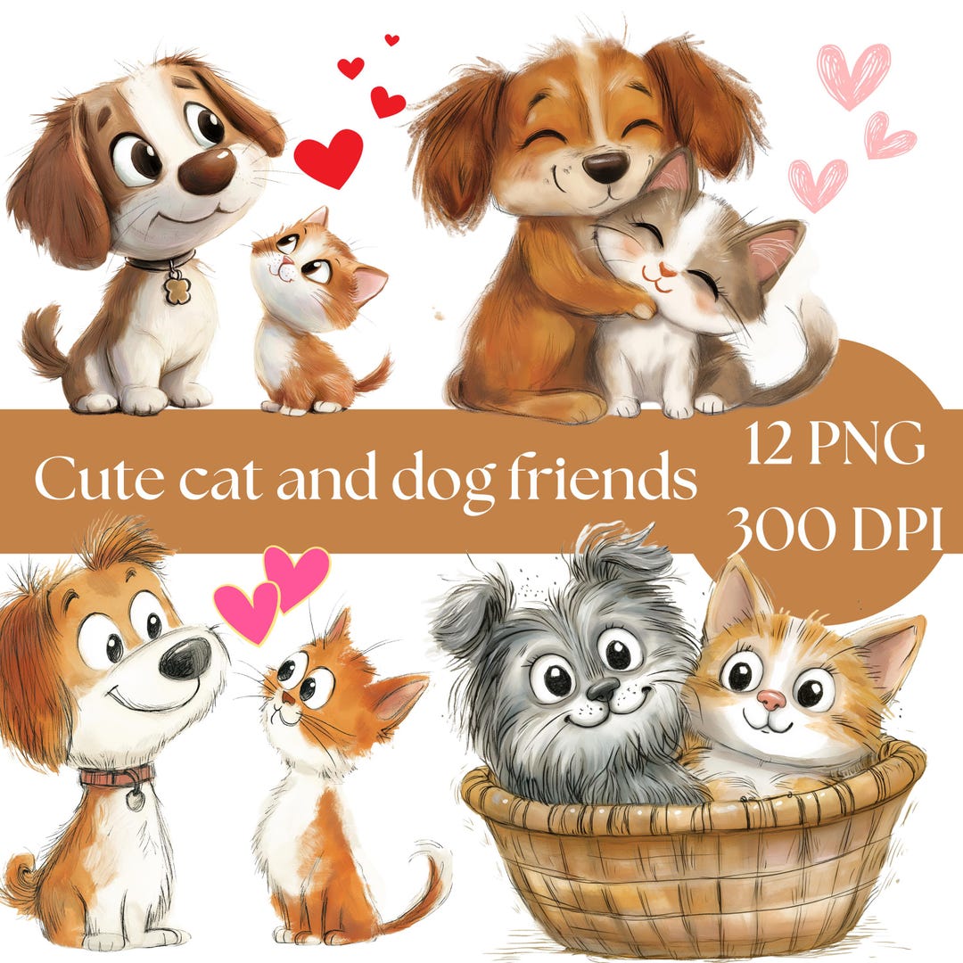 Dog and Cat Clipart, Cute Animal Friends Art, Digital Download for ...