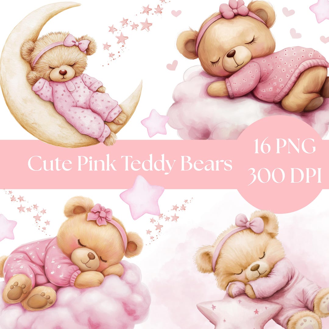 Cute Pink Teddy Bear Clip Art, Adorable Watercolor PNG, Baby Shower ...