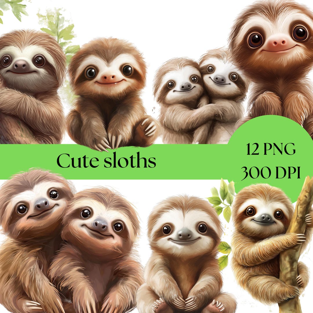 Cute Sloth Clipart, Watercolor Baby Sloth PNG, Nursery Decor, Digital ...