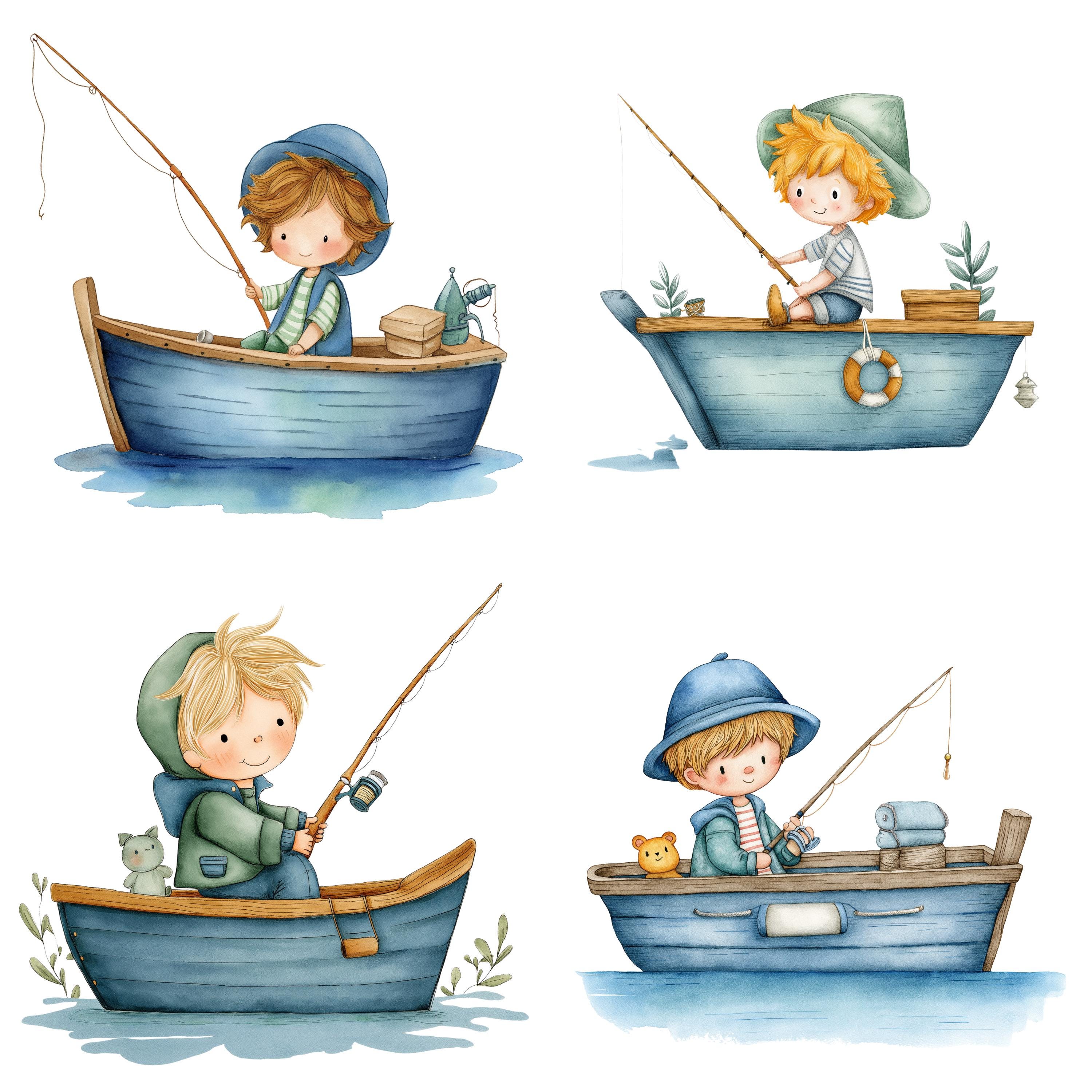 Little Fisherman Clipart, Watercolor Fishing Art, Cute Boy Fishing ...