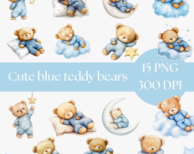 54 PNG Cute Blue Teddy bear clipart bundle, Adorable Blue Teddy Bear Graphics Dtsigns, Digital ...