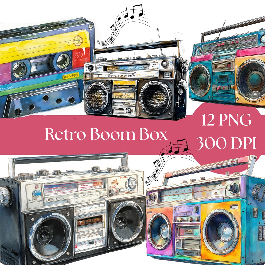 Retro Boom Box Clipart, 80s Vintage Stereo Graphics, Digital Download ...
