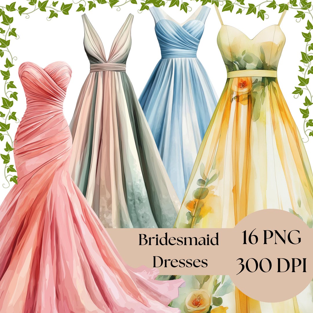 Bridesmaid Dresses Clipart: Bridal Party Watercolor Graphics (digital ...