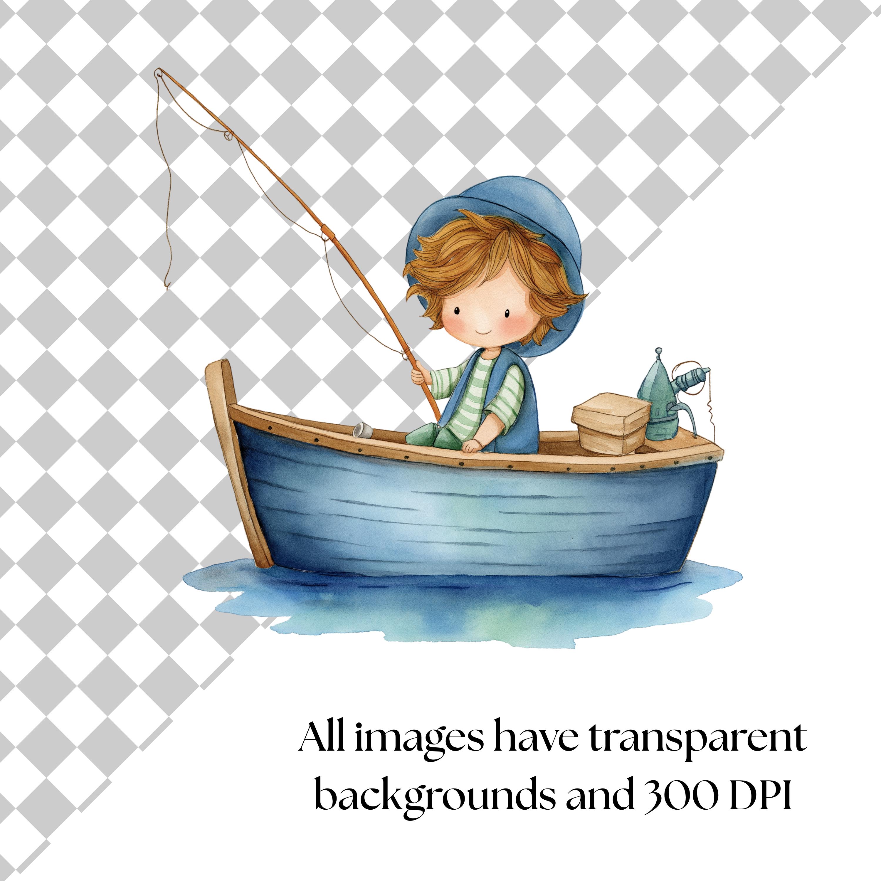 Little Fisherman Clipart, Watercolor Fishing Art, Cute Boy Fishing ...