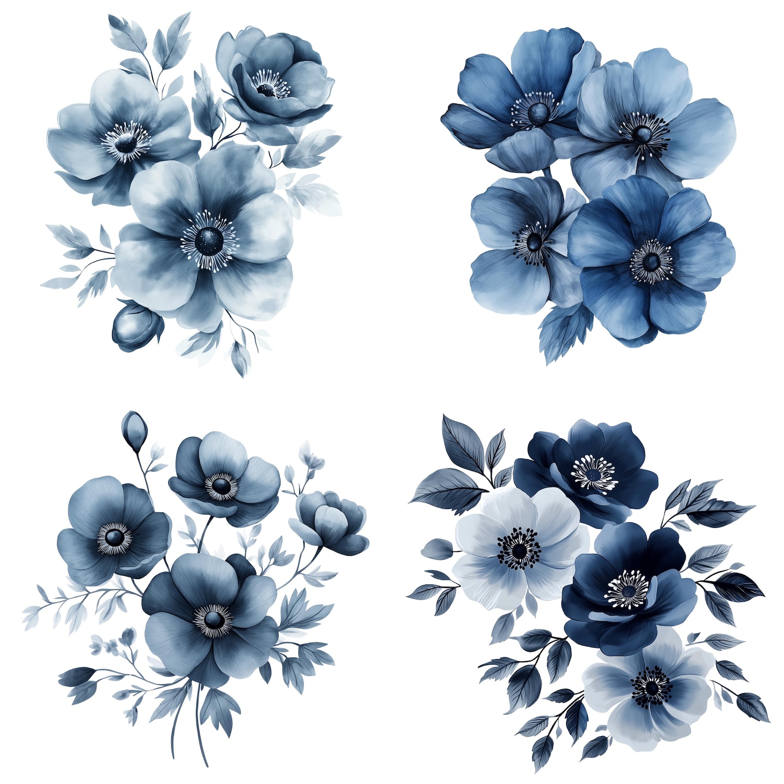 Navy Floral Clipart - Watercolor Bouquets, Wedding Graphics, Digital ...