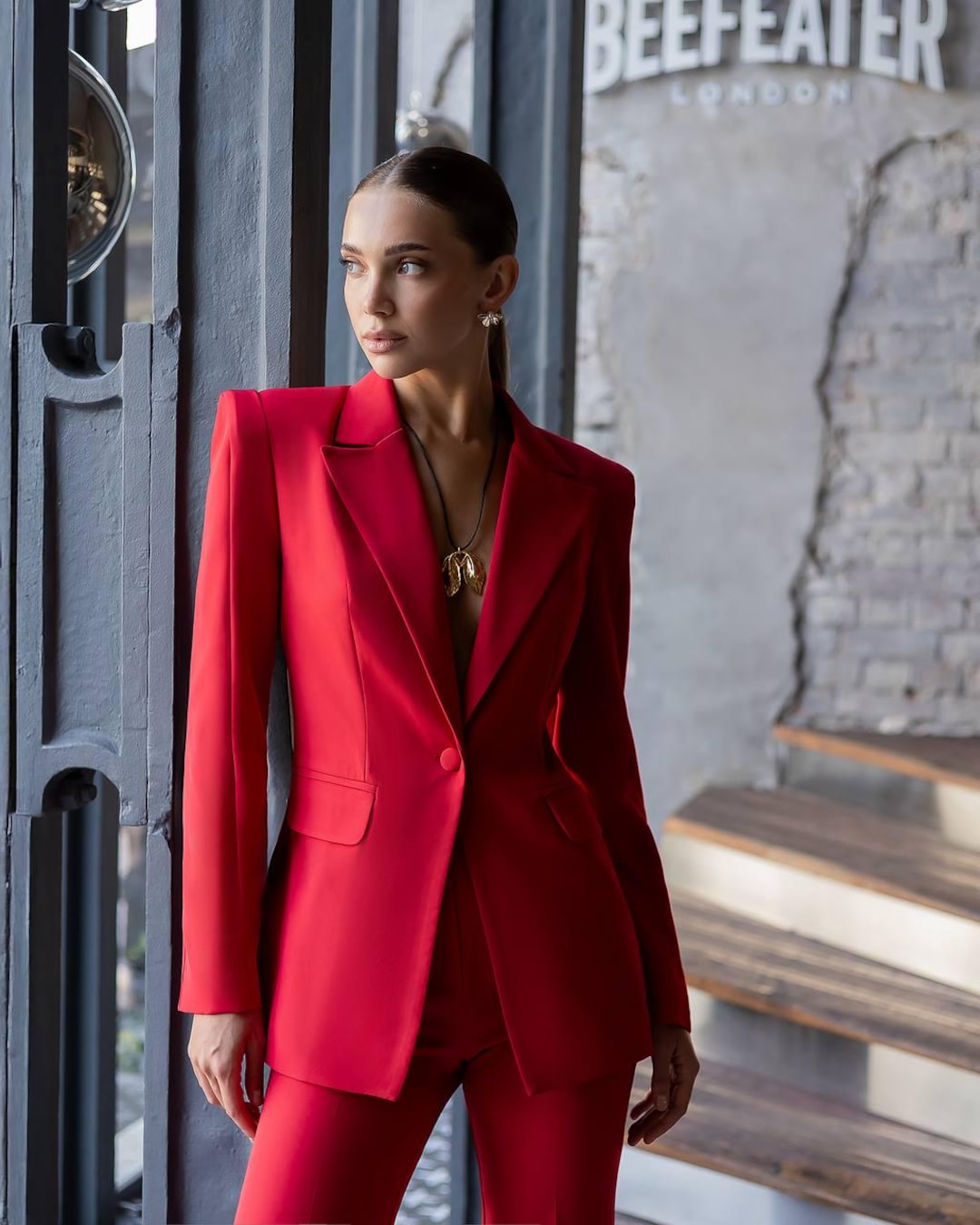 Red Formal Pants Suit - Single Breasted Blazer and Straight Pants High ...