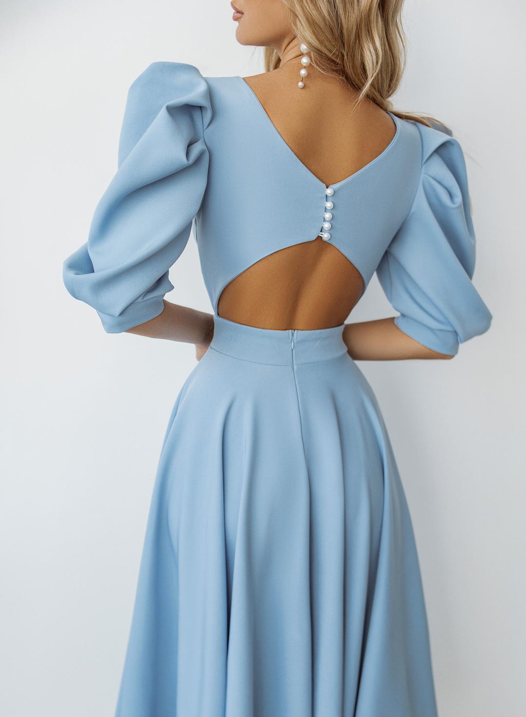 Blue Midi Dress, Flowing Skirt & Intriguing Open Back, Bridal and ...