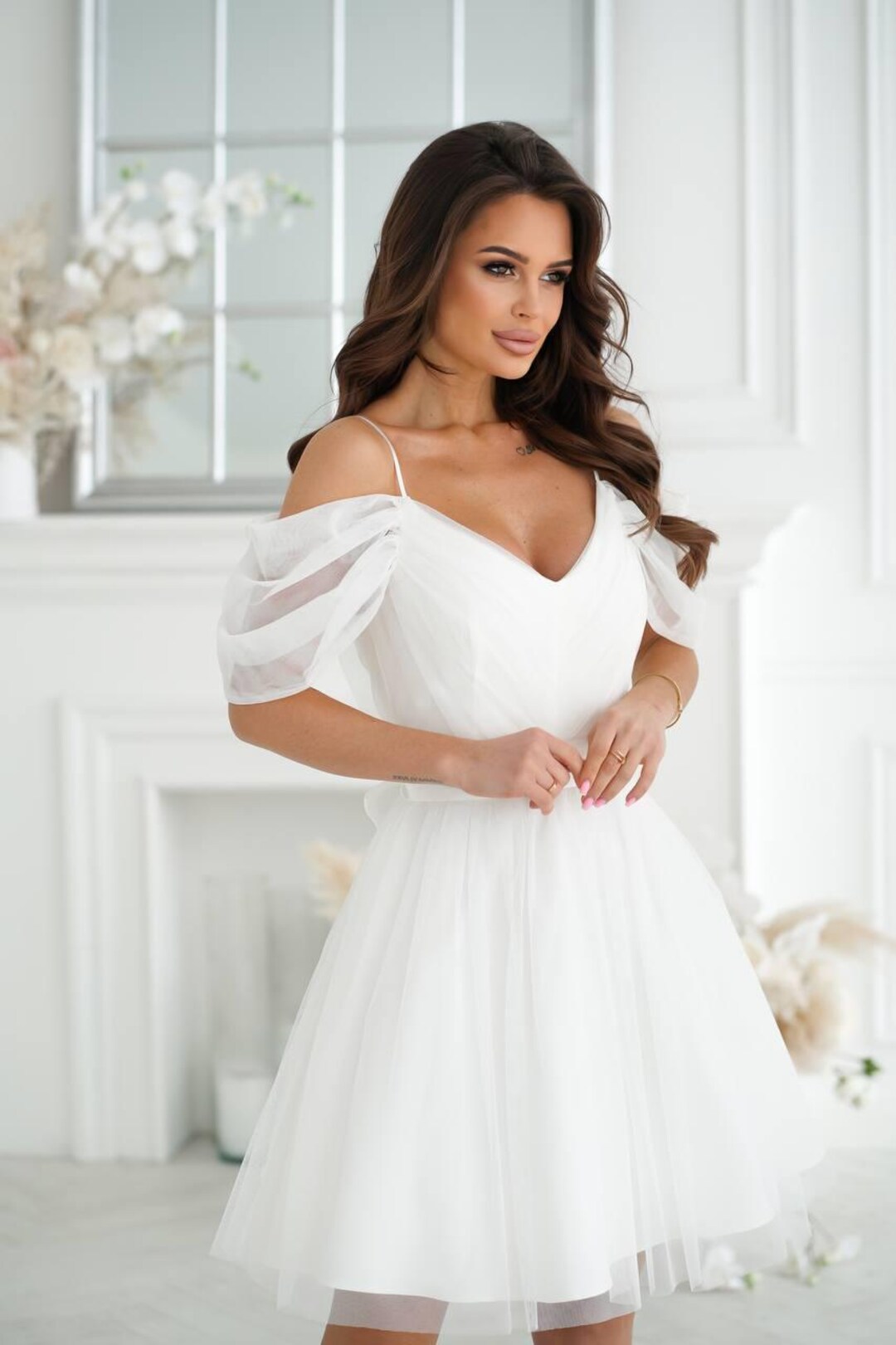 Elegant Tulle Dress With Draping & Full Skirt, Bridal and Wedding Midi ...