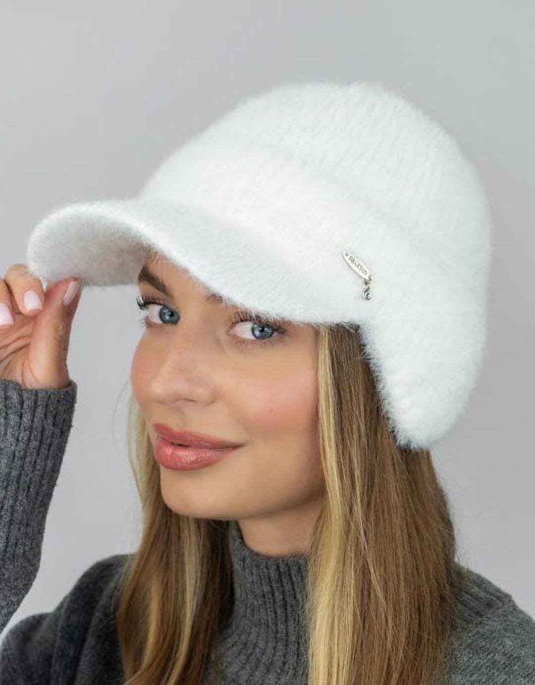 Fluffy Knit Baseball Cap With Ears, Soft Mohair Blend Winter Cap ...