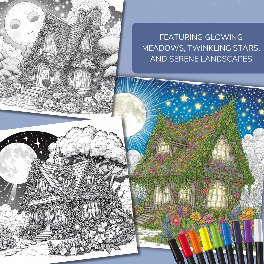 Moonlight Meadows Coloring Pages 50 Printable Nighttime Landscapes for ...