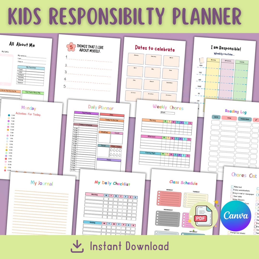 Kids Responsibility Planner | Printable and Editable Chore and Goal ...