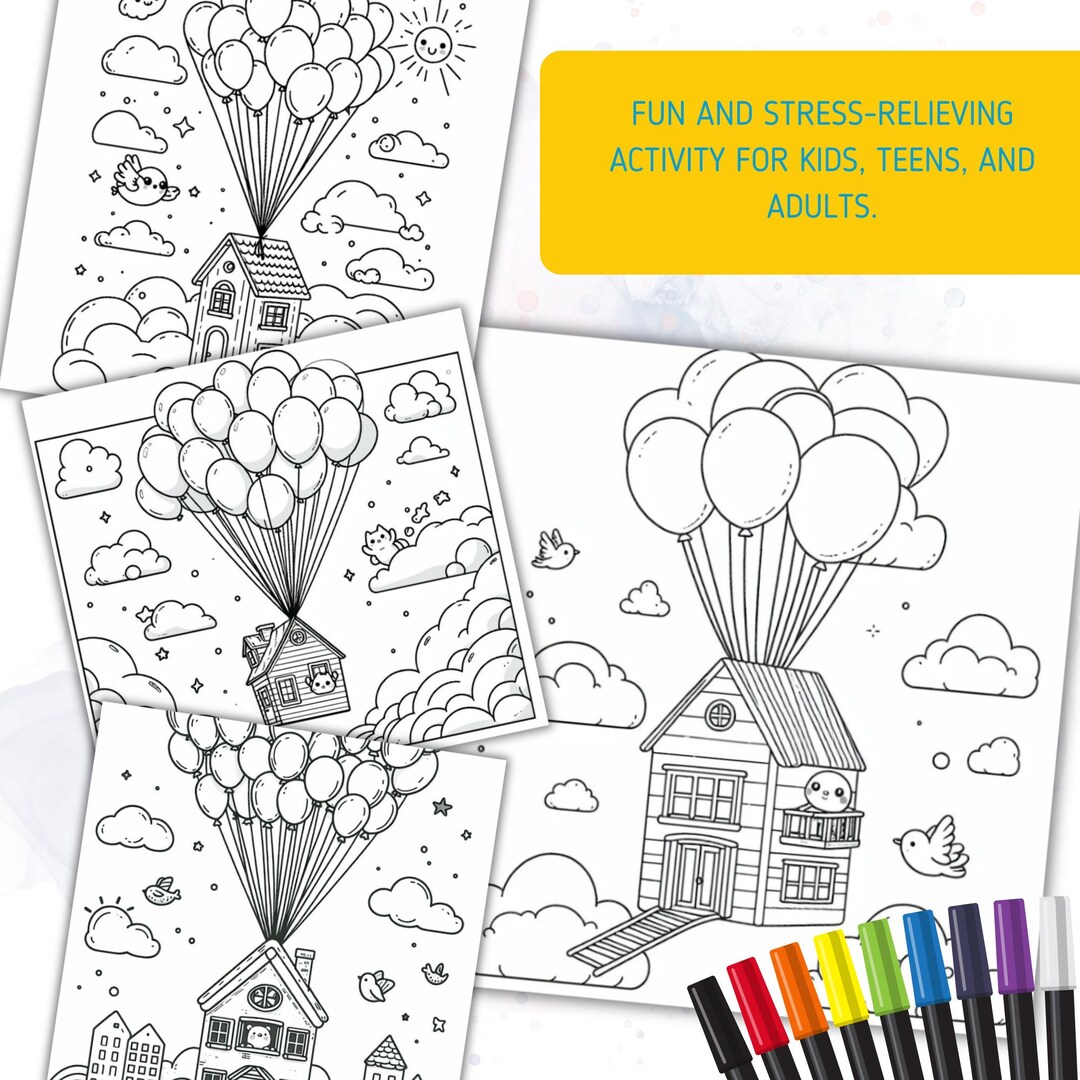 Balloon Bungalow Coloring Pages 50 Whimsical Floating Houses Hot Air ...
