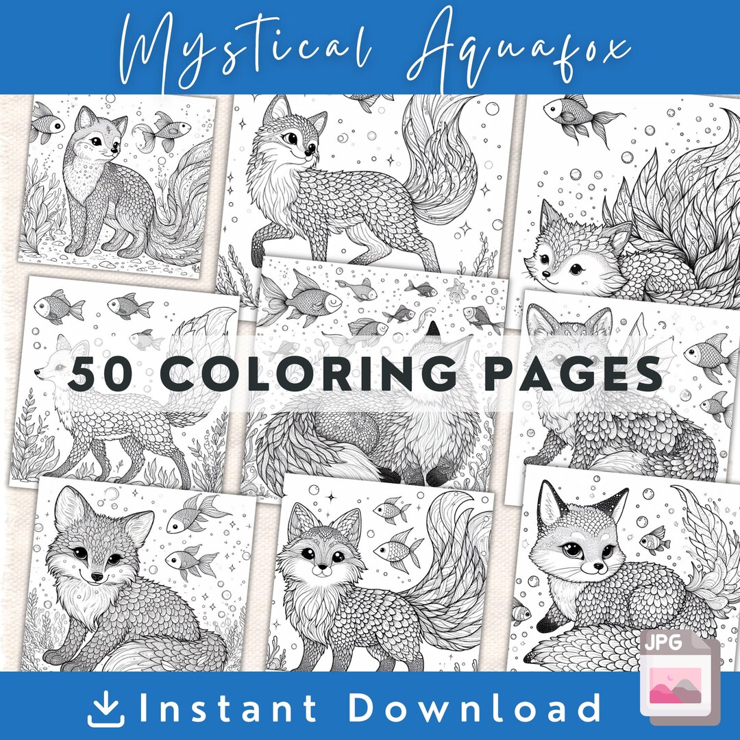 Mystical Aquafox Coloring Pages: 50 Fantasy Fox Illustrations (digital ...