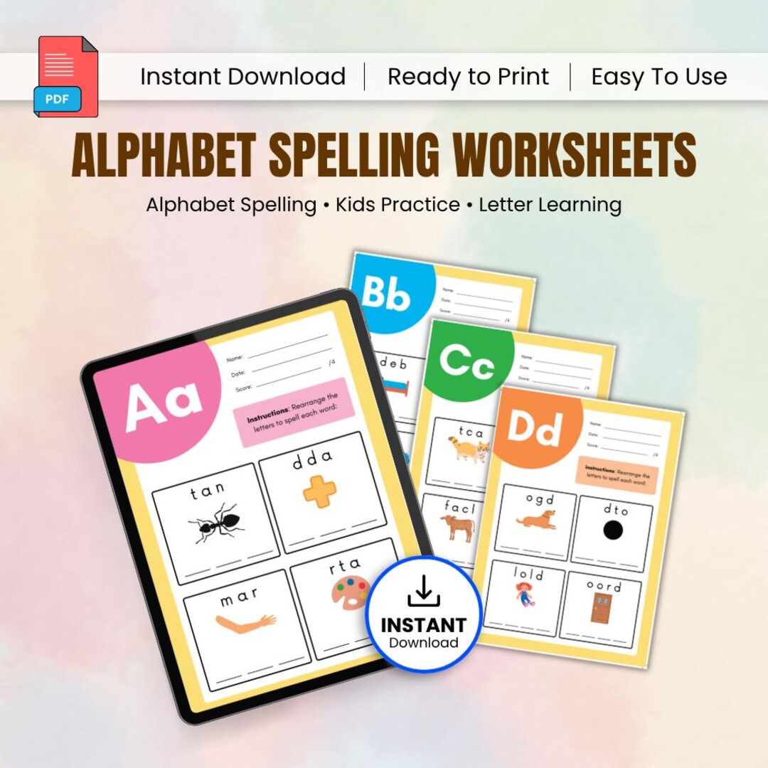 Alphabet Spelling Worksheets, Kids Writing Practice Sheets, Early ...