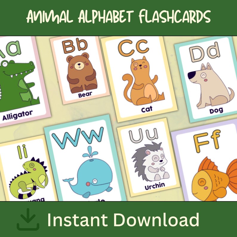 Animal Alphabet Flashcards for Kids Cute ABC Learning Cards for ...