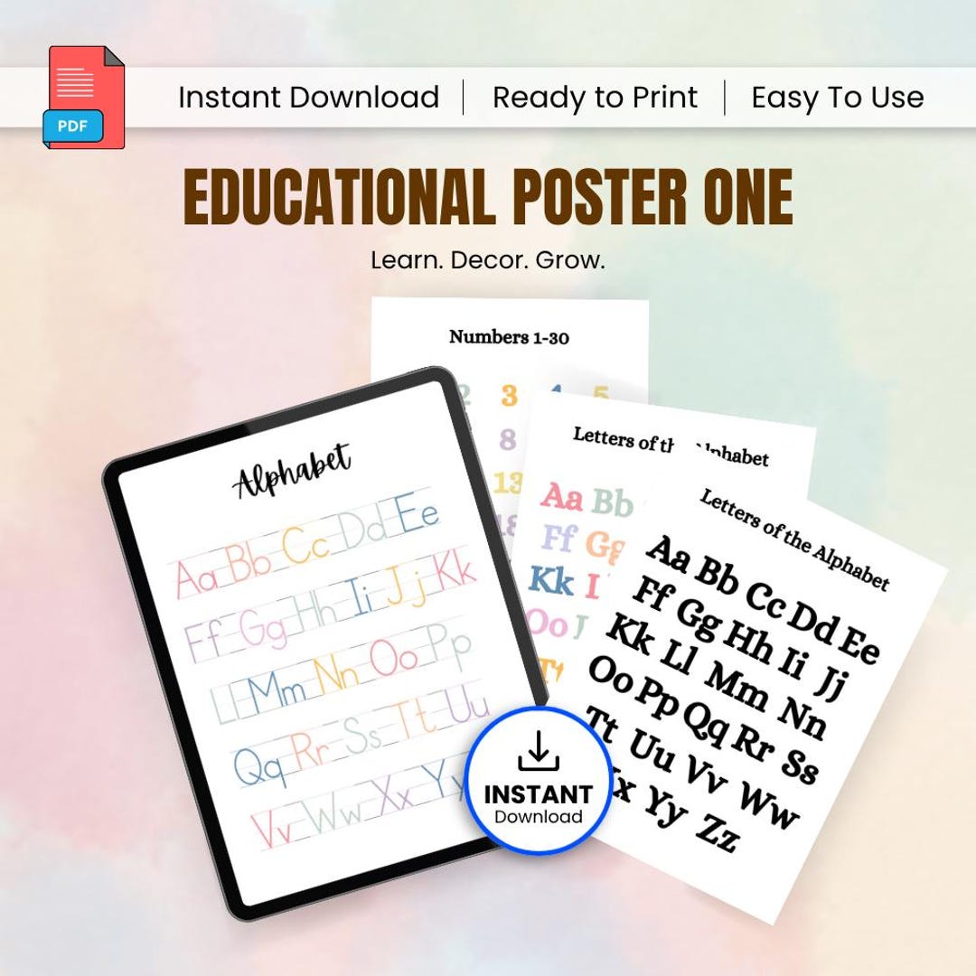 Educational Poster Kids Printable Alphabet Numbers Shapes Colors ...