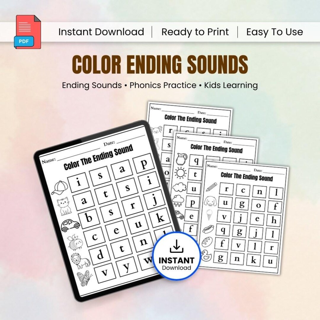 Color Ending Sounds, Printable Kids Learning Sheets, Phonics Practice ...