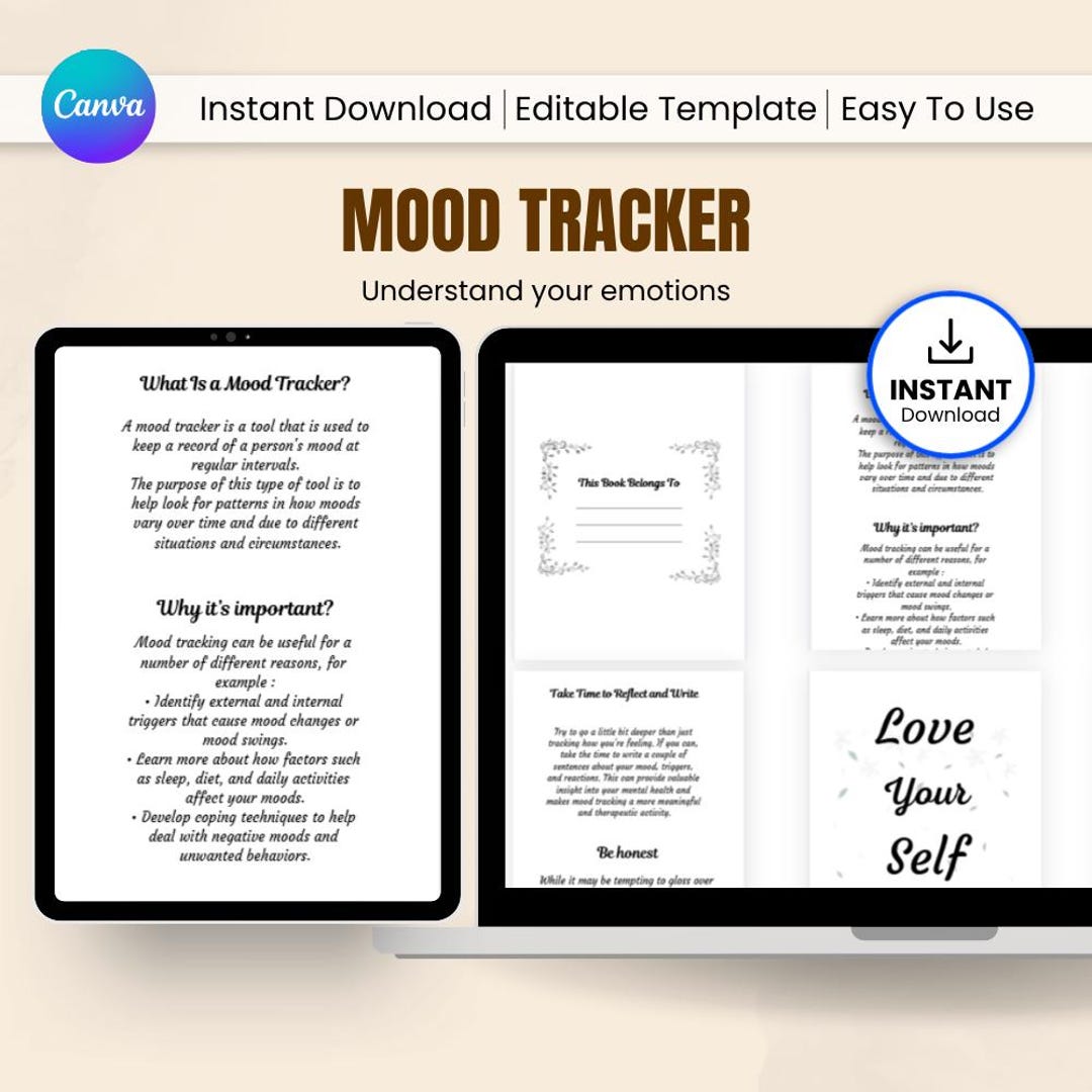 Mood & Mental Health Tracker, Canva Template for Daily Emotion and ...