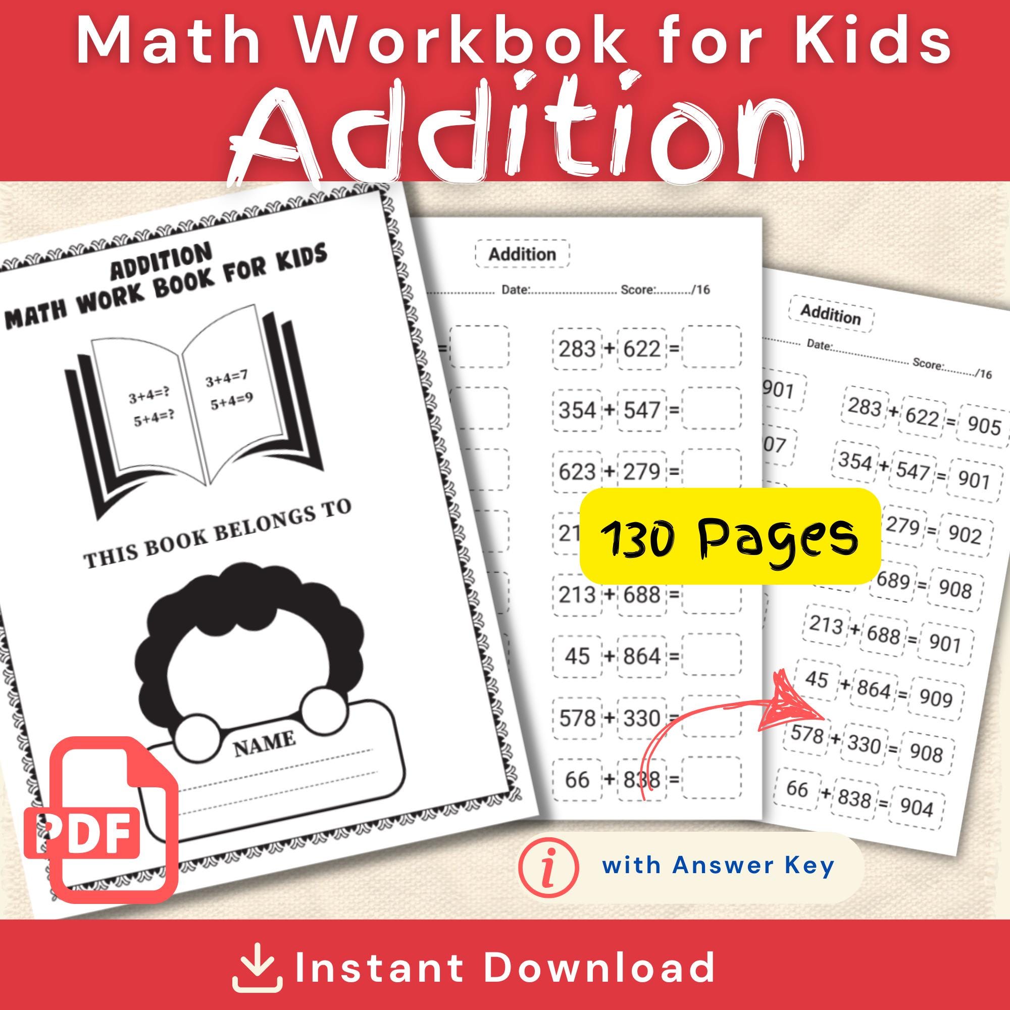 130 Printable Addition Worksheets for Kindergarten Grade 1-2 Fun Math ...
