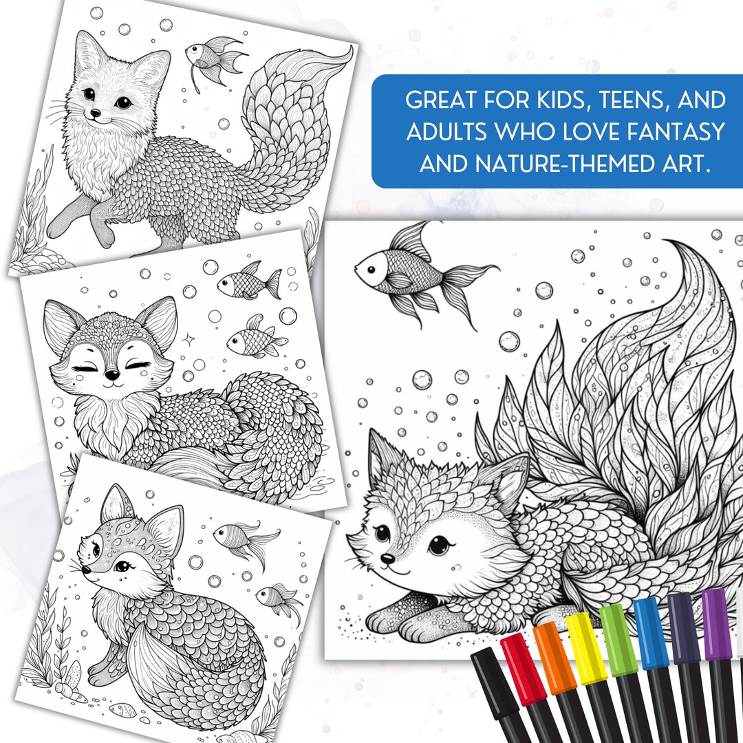 Aquafox Coloring Pages: 50 Fantasy Fox Illustrations (digital Download ...