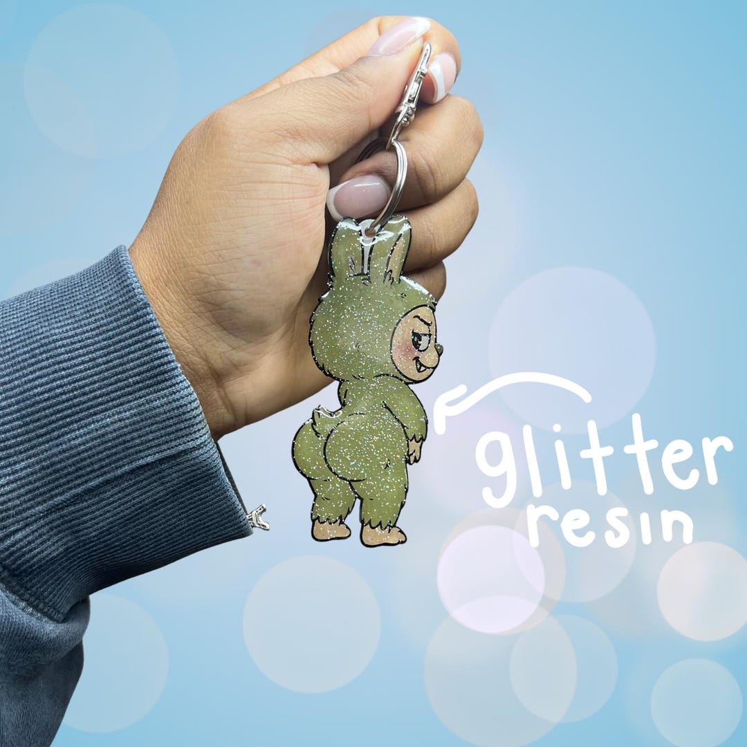 Green Labubu-inspired Keychain | Glitter Resin Shrink Plastic Charm ...