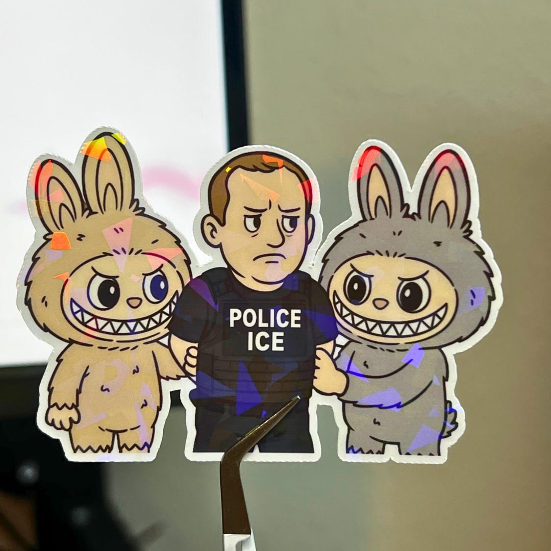 Labubu X ICE Sticker – F ICE | Holographic Bunny Sticker | Abolish ICE ...