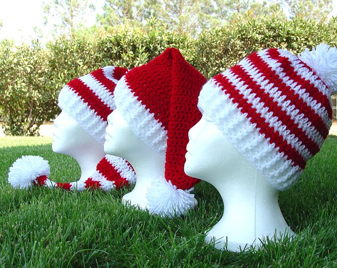 Crochet Long Stocking Cap Elf Hat, Santa Hat & Easy Beanie Patterns 4 Patterns - Etsy